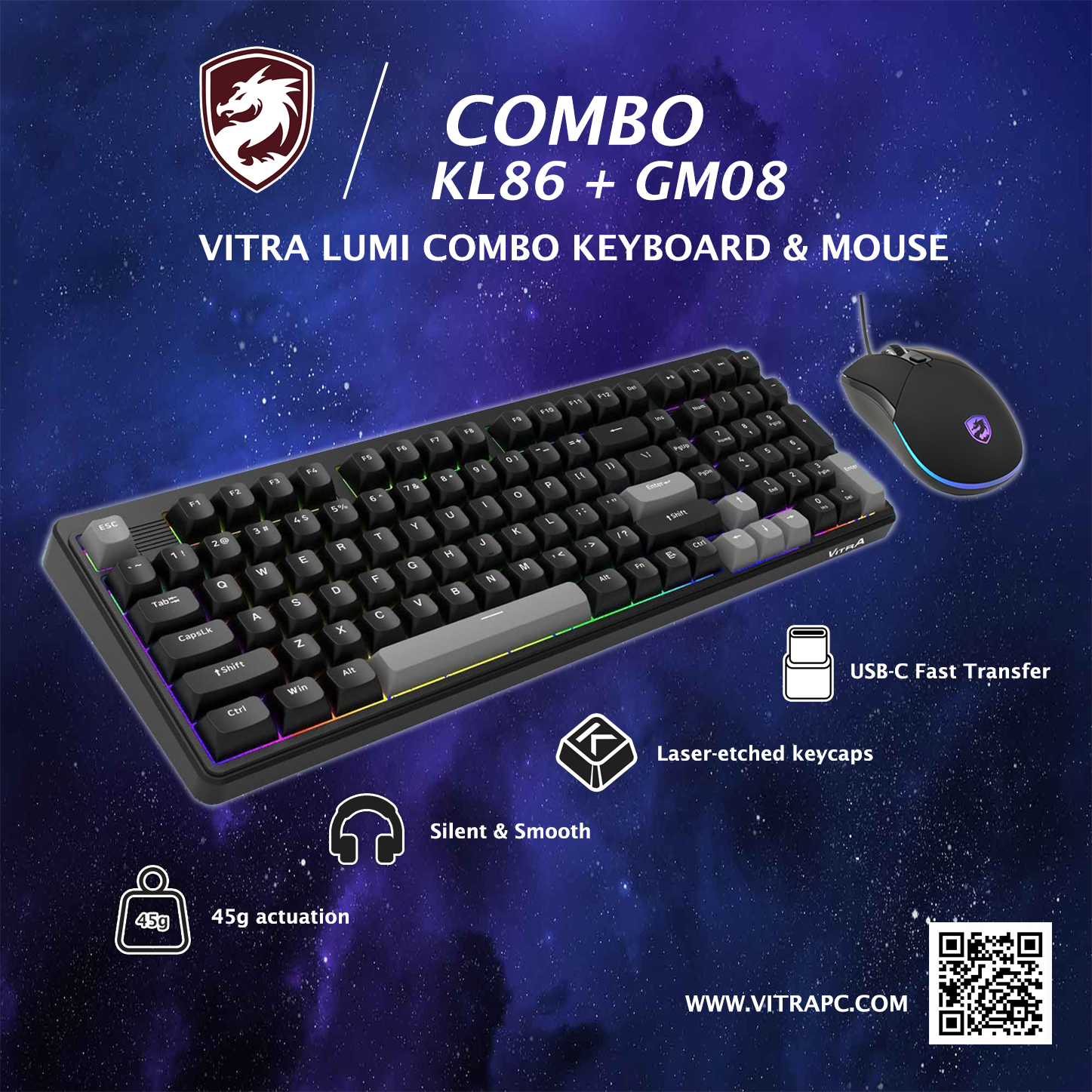 COMBO BÀN PHÍM GAMING VITRA LUMI KL86 BLACK + MOUSE GM08 RGB LED ...